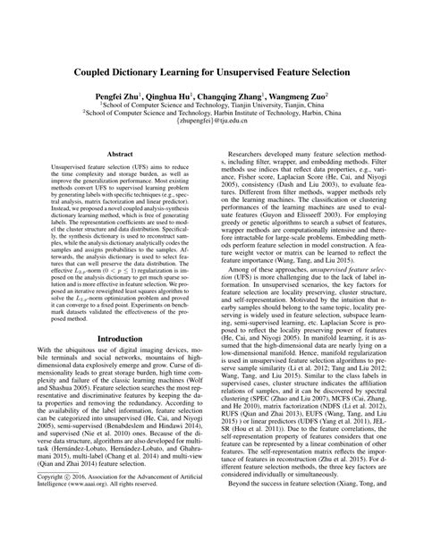 pdf coupled dictionary learning for unsupervised feature selection