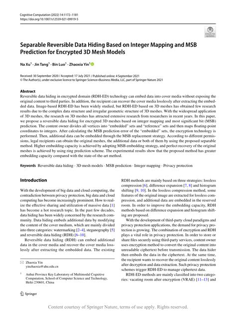 separable reversible data hiding based on integer mapping and msb prediction for encrypted 3d