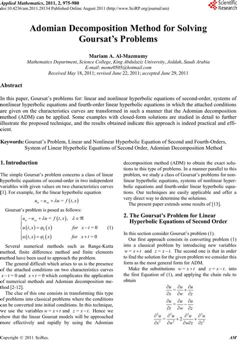 adomian decomposition method for solving goursat s problems