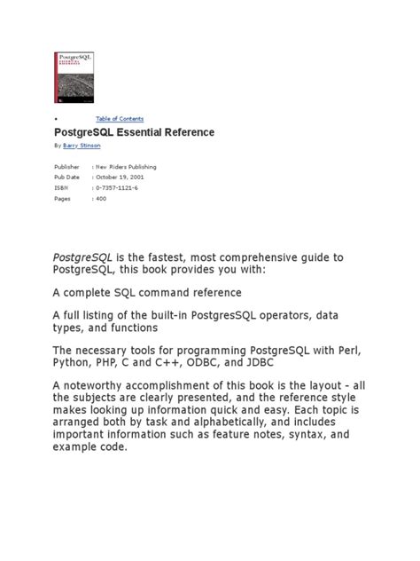 barry stinson postgresql essential reference sams 2001 download free pdf postgre sql