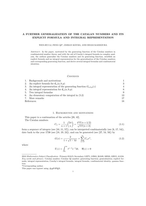 pdf a further generalization of the catalan numbers and its explicit formula and integral