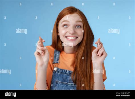 Excited Emotional Happy Cheerful Redhead Girl Smiling Optimistic Stare Surprised Thrilled Cross