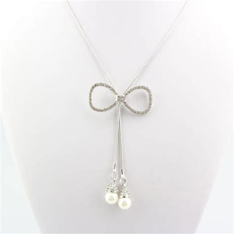 Bow Pearl Pendant Necklace Silver Zinc Alloy Rhinestone Fine Women Long Necklace Fashion New