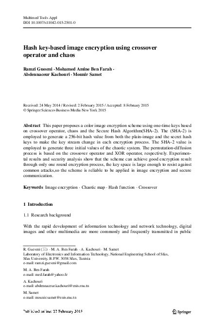 pdf hash key based image encryption using crossover operator and chaos ramzi guesmi