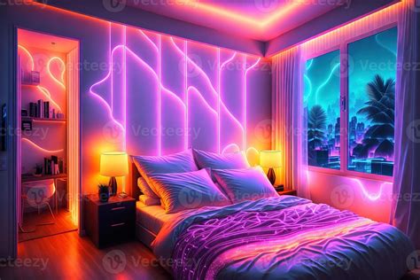 Modern Bedroom Interior With Neon Lights Glowing Ambient In The Evening Luxurious Stylish By