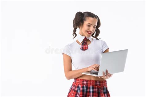 Smiling Schoolgirl Using Laptop Stock Image Image Of Media Plaid 119800529