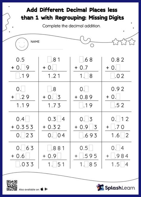 add different decimal places less than 1 with regrouping missing digits math worksheets