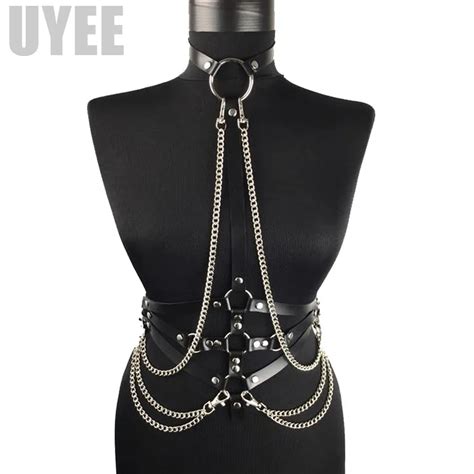 Uyee Sexy Harajuku Belts Women Rave Top Metal Chain Pu Leather Harness Bdsm Fetish Bondage Belt