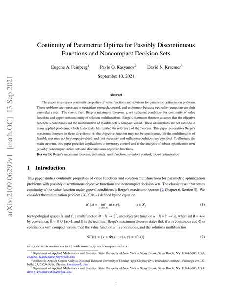 pdf continuity of parametric optima for possibly discontinuous functions and noncompact