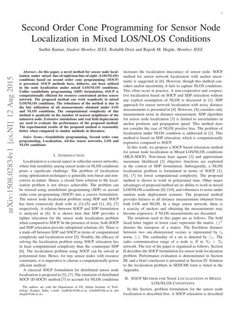 pdf second order cone programming for sensor node localization in mixed los nlos conditions