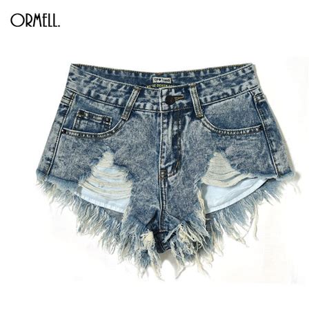 Ormell Vintage Ripped Denim Shorts High Waust Hole Fringe Women Casual Pocket Jeans Shorts 2017