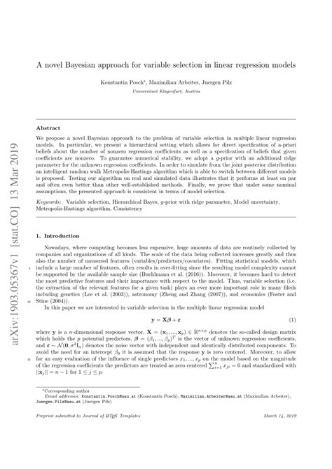 pdf a novel bayesian approach for variable selection in linear regression models