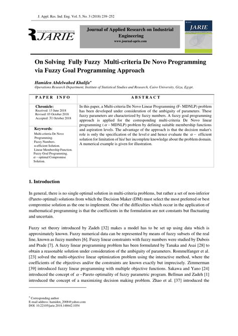 pdf on solving fully fuzzy multi criteria de novo programming via fuzzy goal programming approach