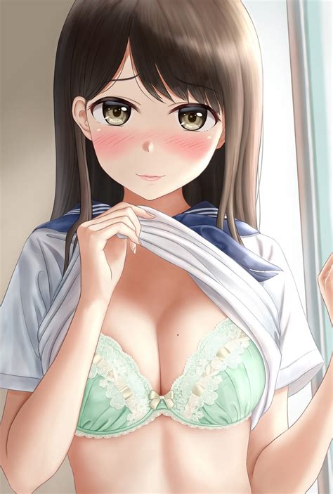Rule 34 Blush Bow Bow Bra Bra Breasts Brown Hair Cleavage Female Green Bra Grey Eyes Highres
