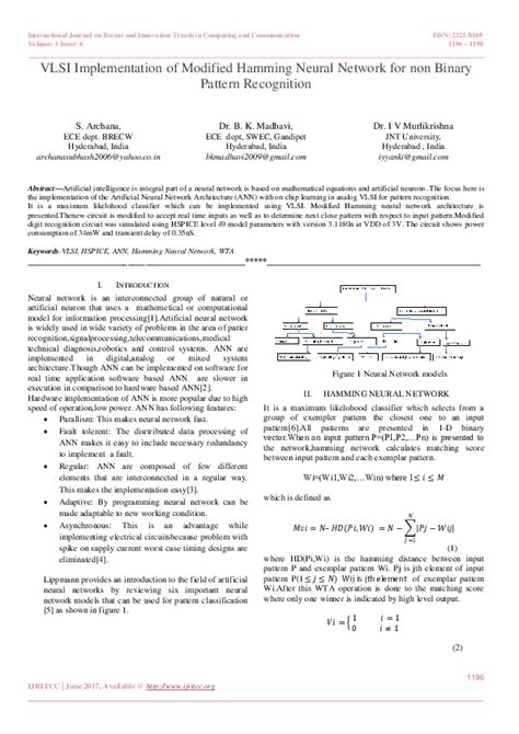 pdf vlsi implementation of modified hamming neural network for non binary pattern recognition