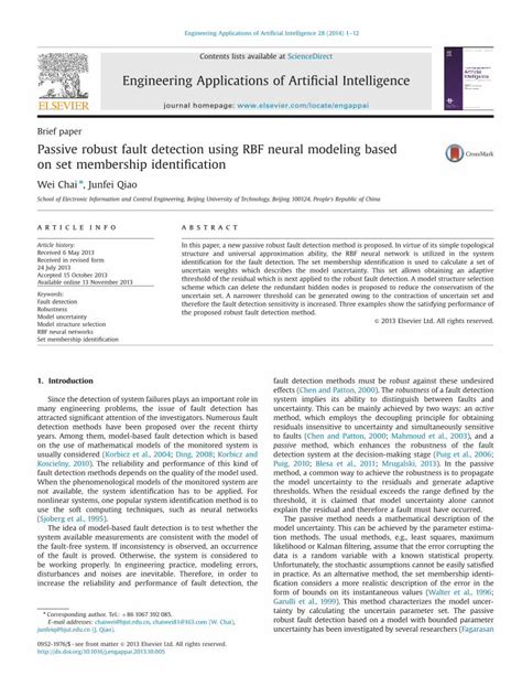 pdf passive robust fault detection using rbf neural modeling based on set membership