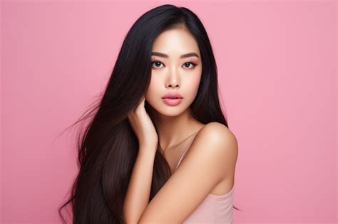 Premium Ai Image Pretty Asian Beautiful Woman Model Long Hair With Fancy Makeup On Face And