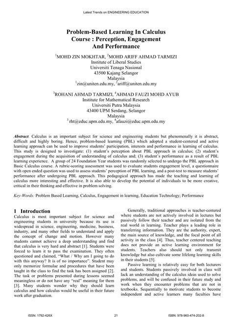 pdf problem based learning in calculus course perception engagement and performance