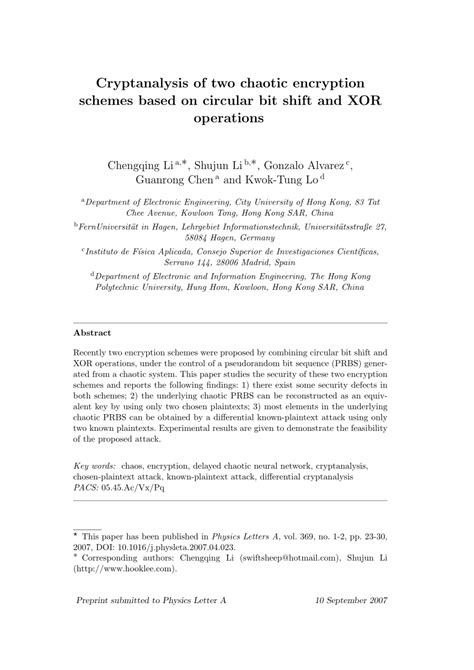 pdf cryptanalysis of two chaotic encryption schemes based on circular bit shift and xor operations