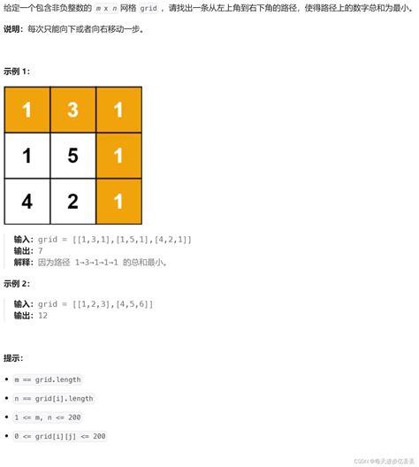 【leetcode每日一题】 动态规划 最小路径和（难度⭐⭐）（58） csdn博客