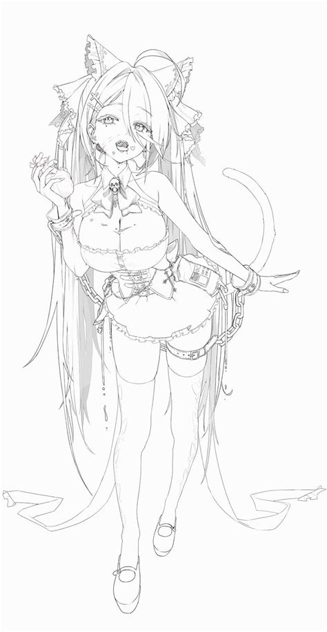 A Drawing Of A Girl With Long Hair And Cat Ears On Her Head Standing In Front Of A White Background