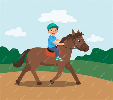Lindo Niño Montando Un Caballo En El Parque Vector Premium