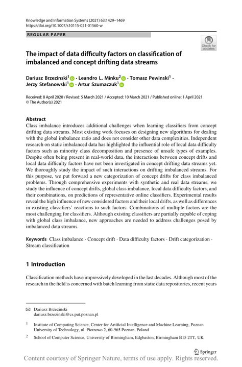pdf the impact of data difficulty factors on classification of imbalanced and concept drifting