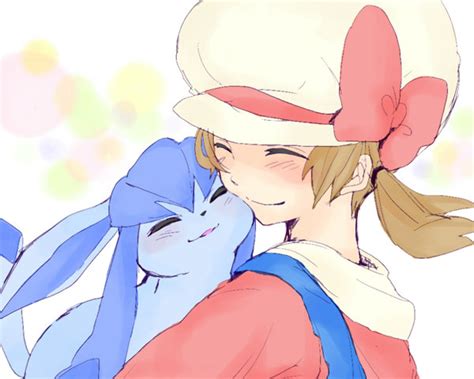 1girl Blush Brown Hair Closed Eyes Eyes Closed Glaceon Hat Hug Kotone Pokemon Nintendo Pokemon