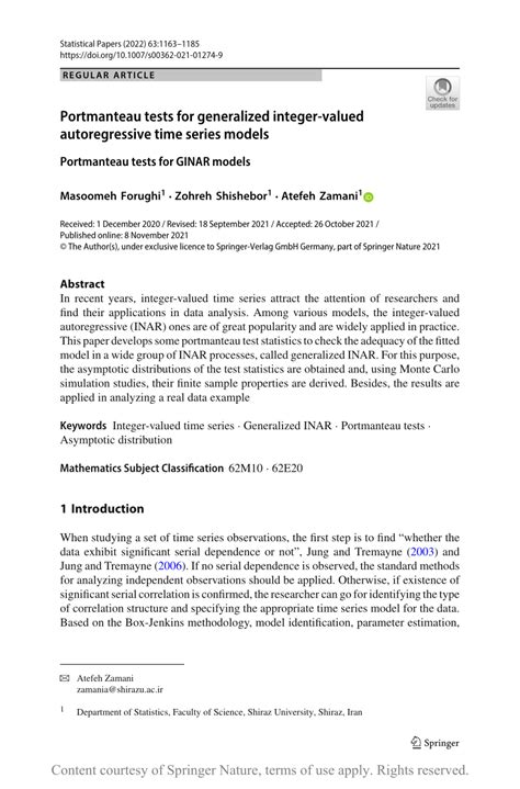 portmanteau tests for generalized integer valued autoregressive time series models portmanteau