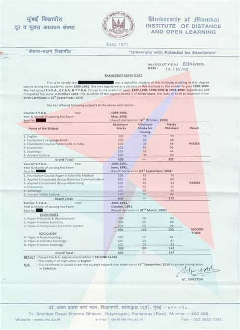 Transcript Format Mumbai University