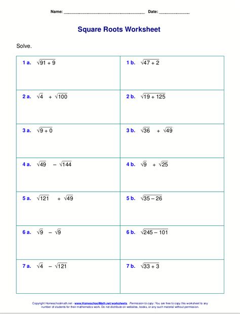 free square root worksheets pdf and html