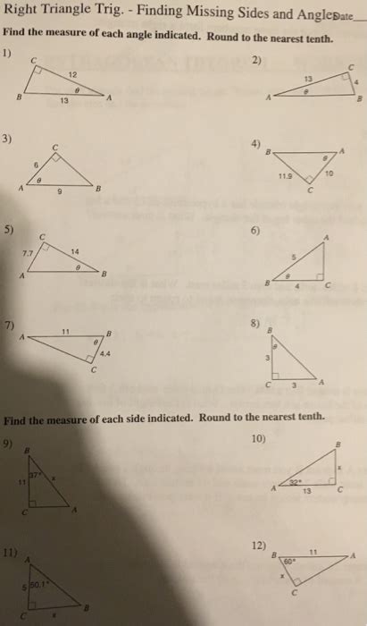 right triangle trig finding missing sides and angles workshe