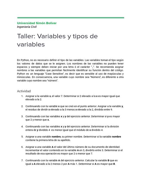 taller 2 variables y tipo de variables pdf variable informática python lenguaje de