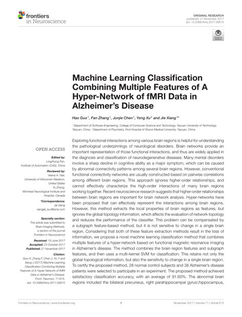 pdf machine learning classification combining multiple features of a hyper network of fmri