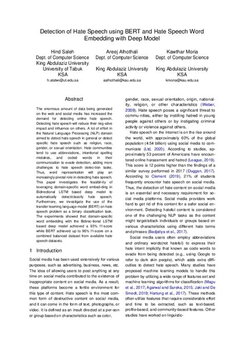 pdf detection of hate speech using bert and hate speech word embedding with deep model hind