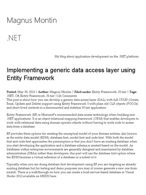 implementing a generic data access layer using entity framework magnus montin pdf entity