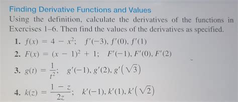solved finding derivative functions and values using the