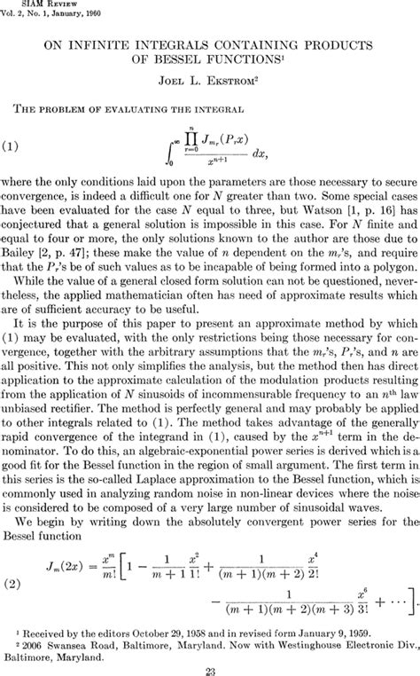 on infinite integrals containing products of bessel functions siam review