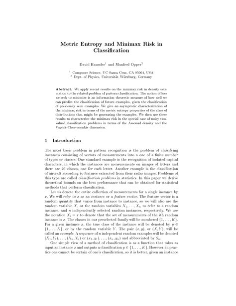pdf metric entropy and minimax risk in classification