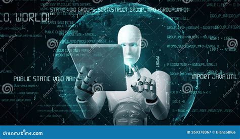 futuristic robot artificial intelligence huminoid ai programming coding stock illustration