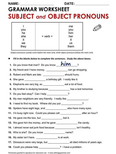 Subjective And Objective Pronouns Worksheets