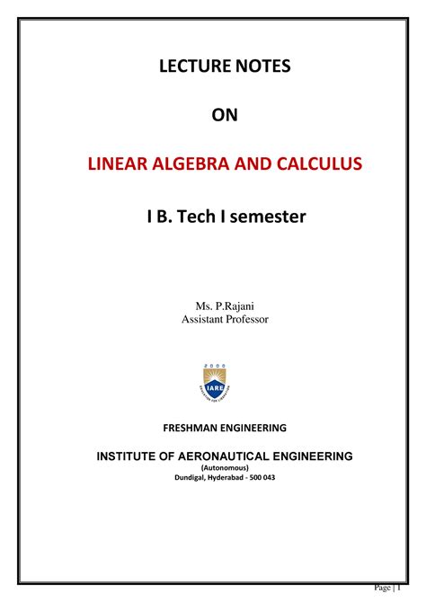 linear algebra and calculus lecture notes lecture notes on linear algebra and calculus i b
