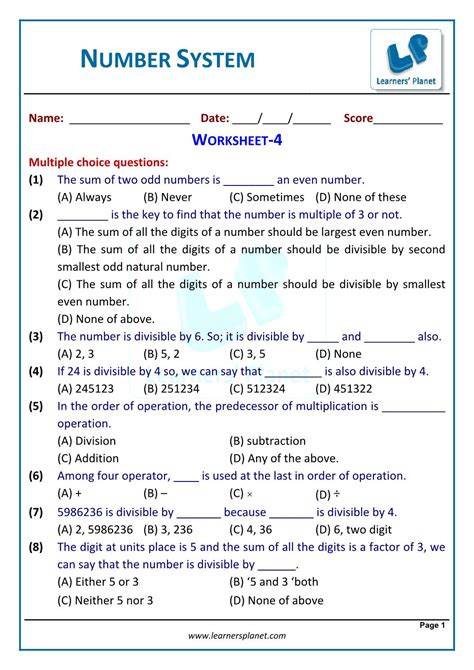 the number system worksheet
