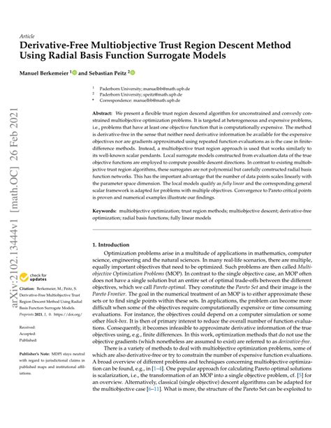 pdf derivative free multiobjective trust region descent method using radial basis function