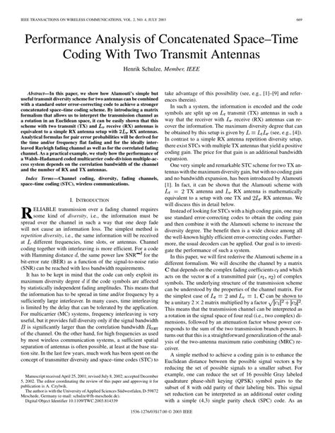 pdf performance analysis of concatenated space time coding with two transmit antennas