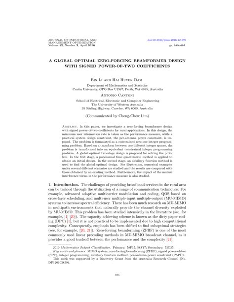pdf a global optimal zero forcing beamformer design with signed power of two coefficients