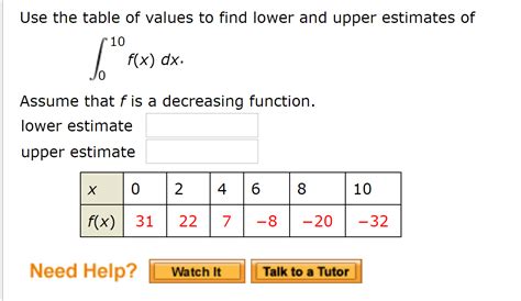 solved use the table of values to find lower and upper