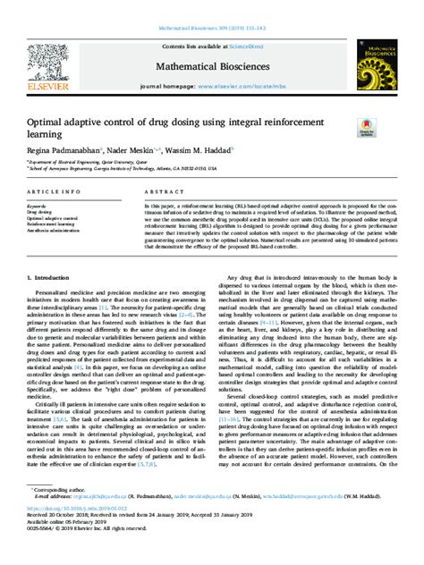 pdf optimal adaptive control of drug dosing using integral reinforcement learning wassim