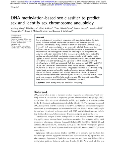 pdf dna methylation based sex classifier to predict sex and identify sex chromosome aneuploidy