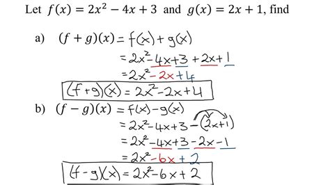 find the sum function f g x and the difference function f g x when f x 2x 2 4x 3 and g x
